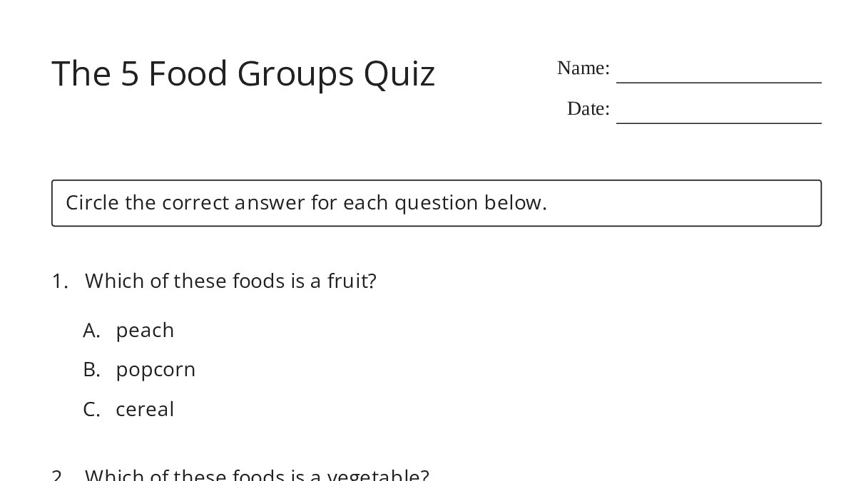 The 5 Food Groups Quiz - My Worksheet Maker: Create Your Own Worksheets