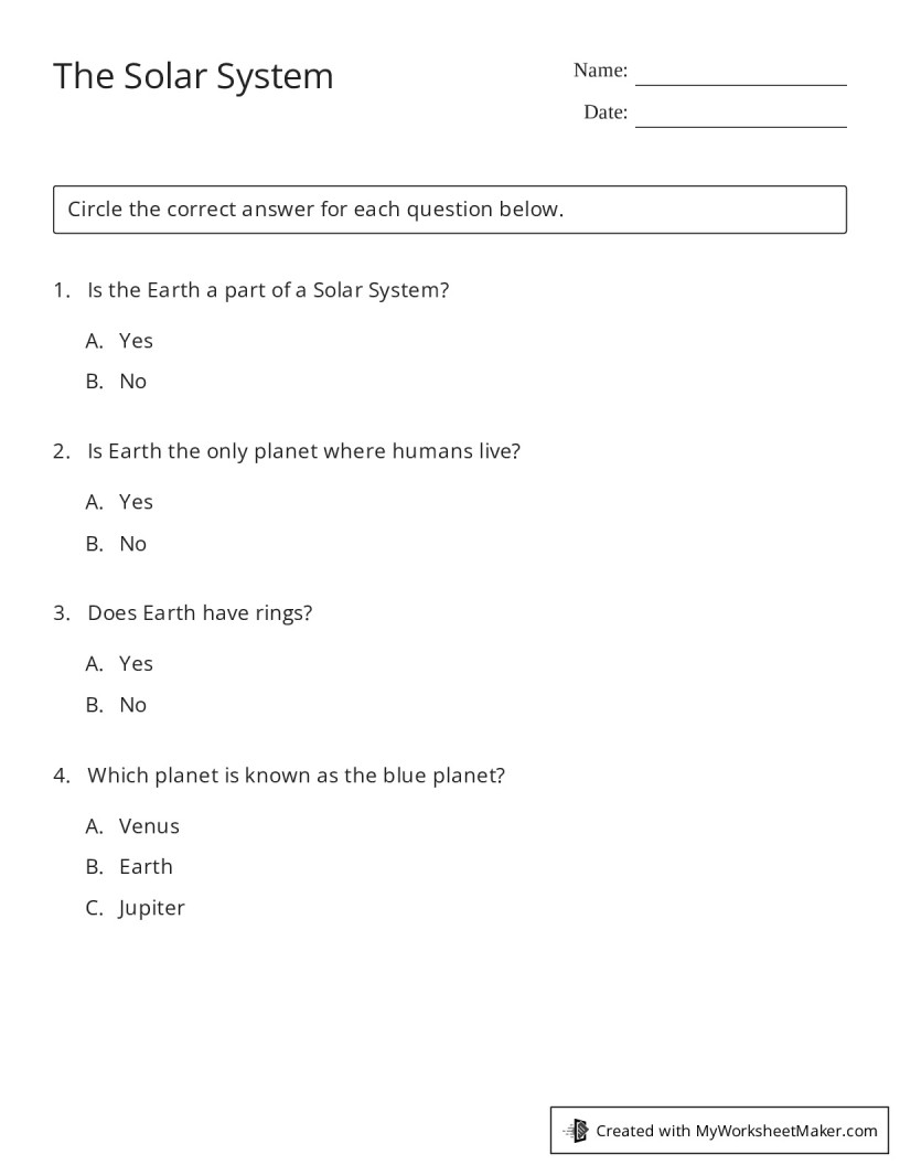 The Solar System - My Worksheet Maker: Create Your Own Worksheets