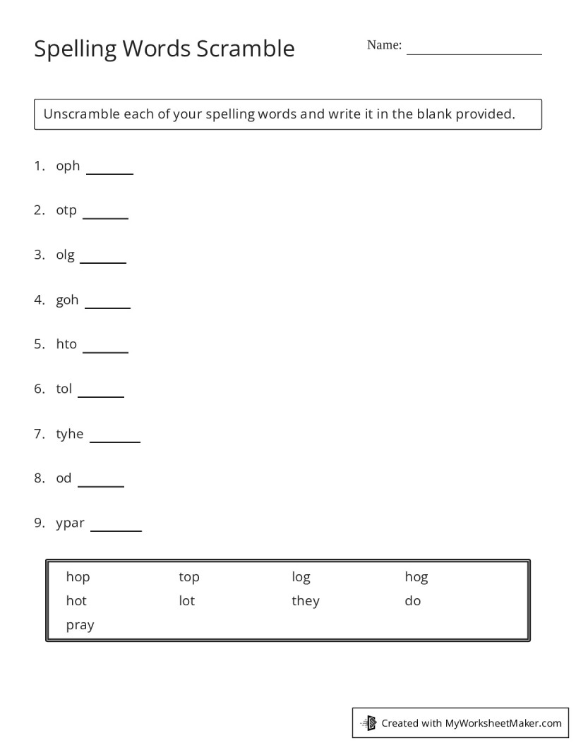 Spelling Words Scramble - My Worksheet Maker: Create Your Own Worksheets