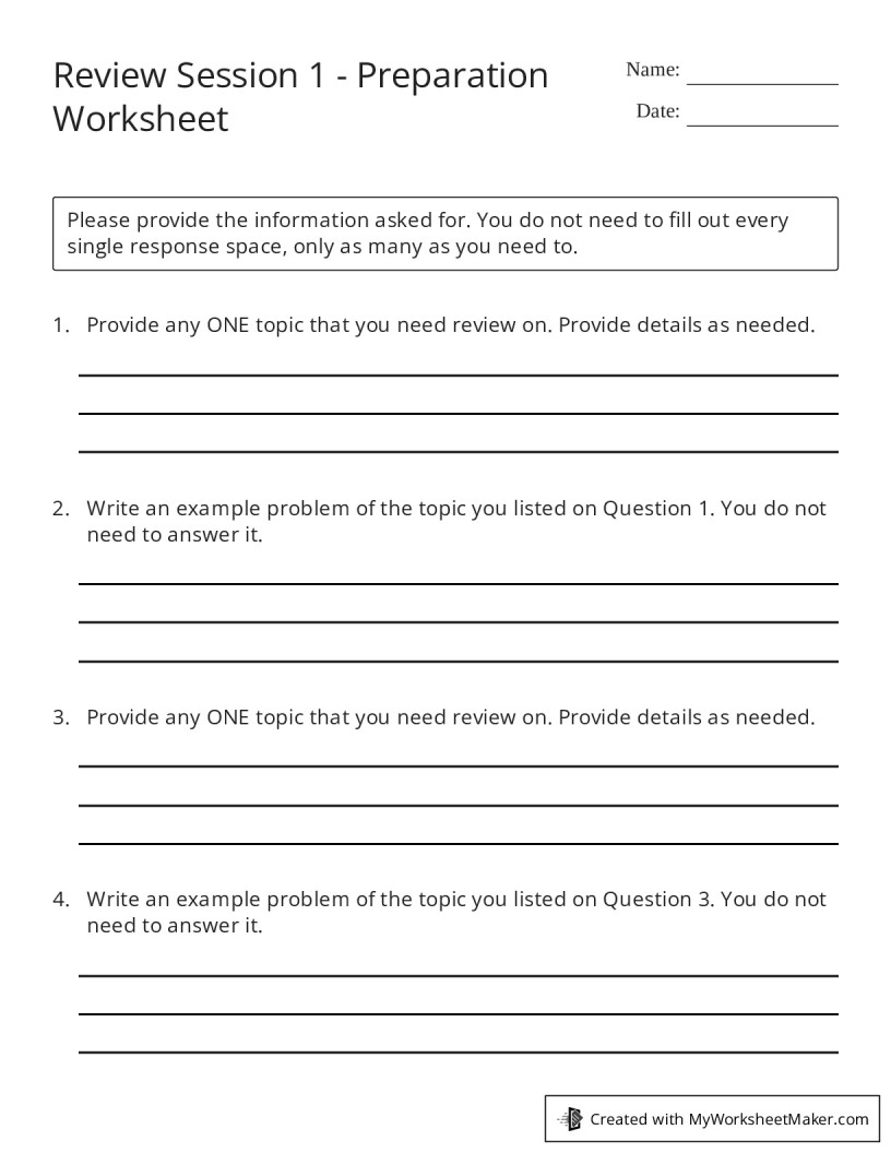 Review Session 1 - Preparation Worksheet - My Worksheet Maker: Create ...