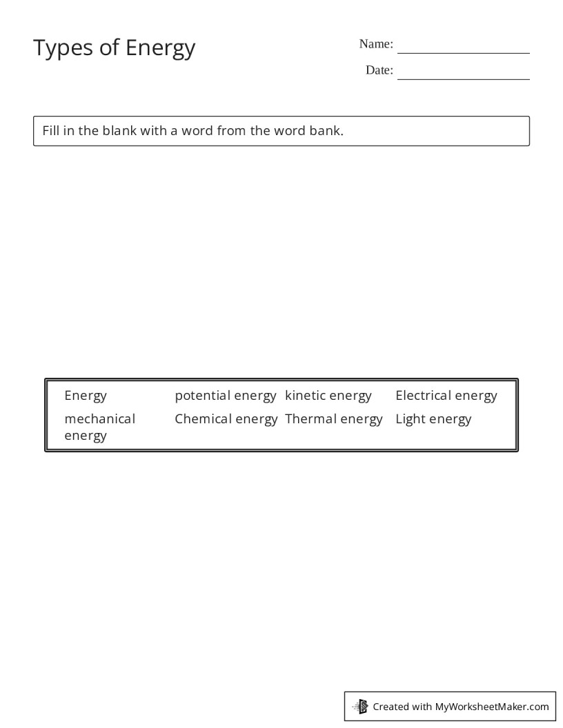 Types of Energy - My Worksheet Maker: Create Your Own Worksheets