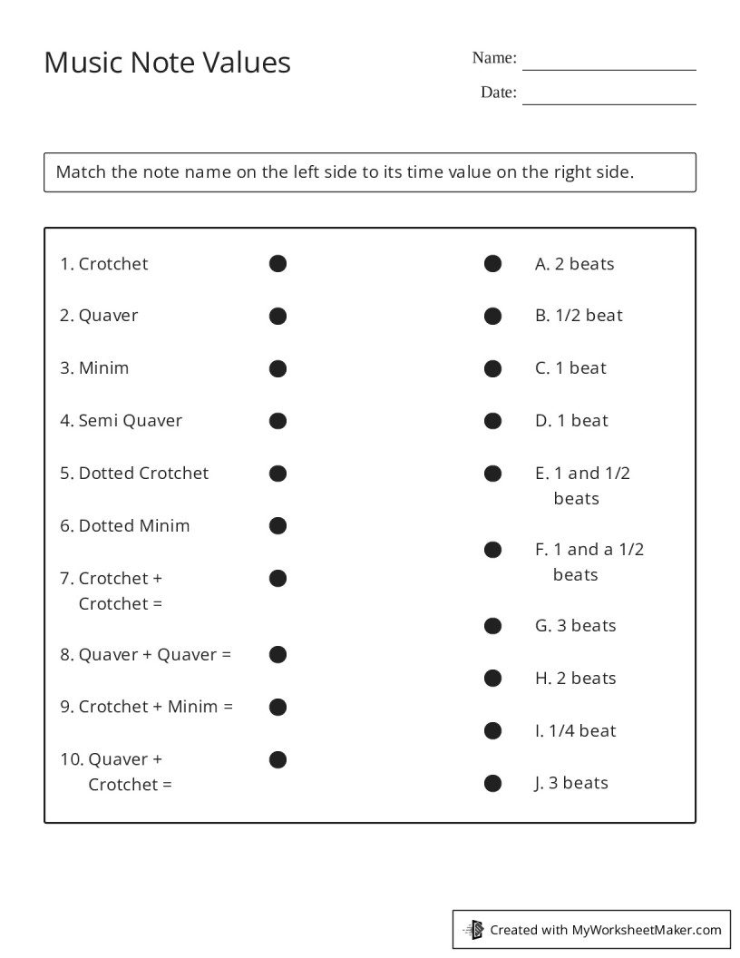 Music Note Values - My Worksheet Maker: Create Your Own Worksheets
