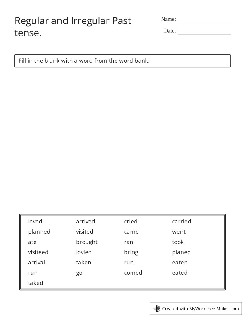Regular and Irregular Past tense. - My Worksheet Maker: Create Your Own ...