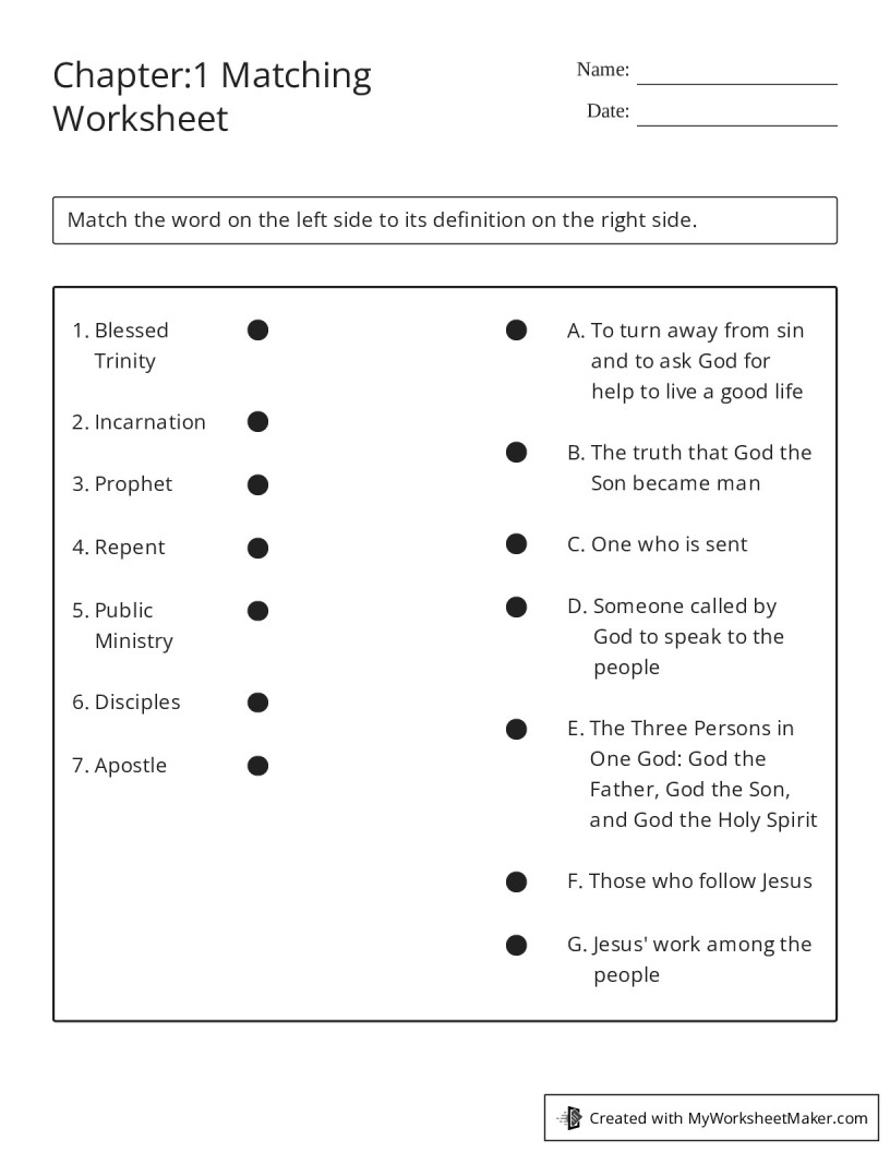 Chapter:1 Matching Worksheet - My Worksheet Maker: Create Your Own Worksheets