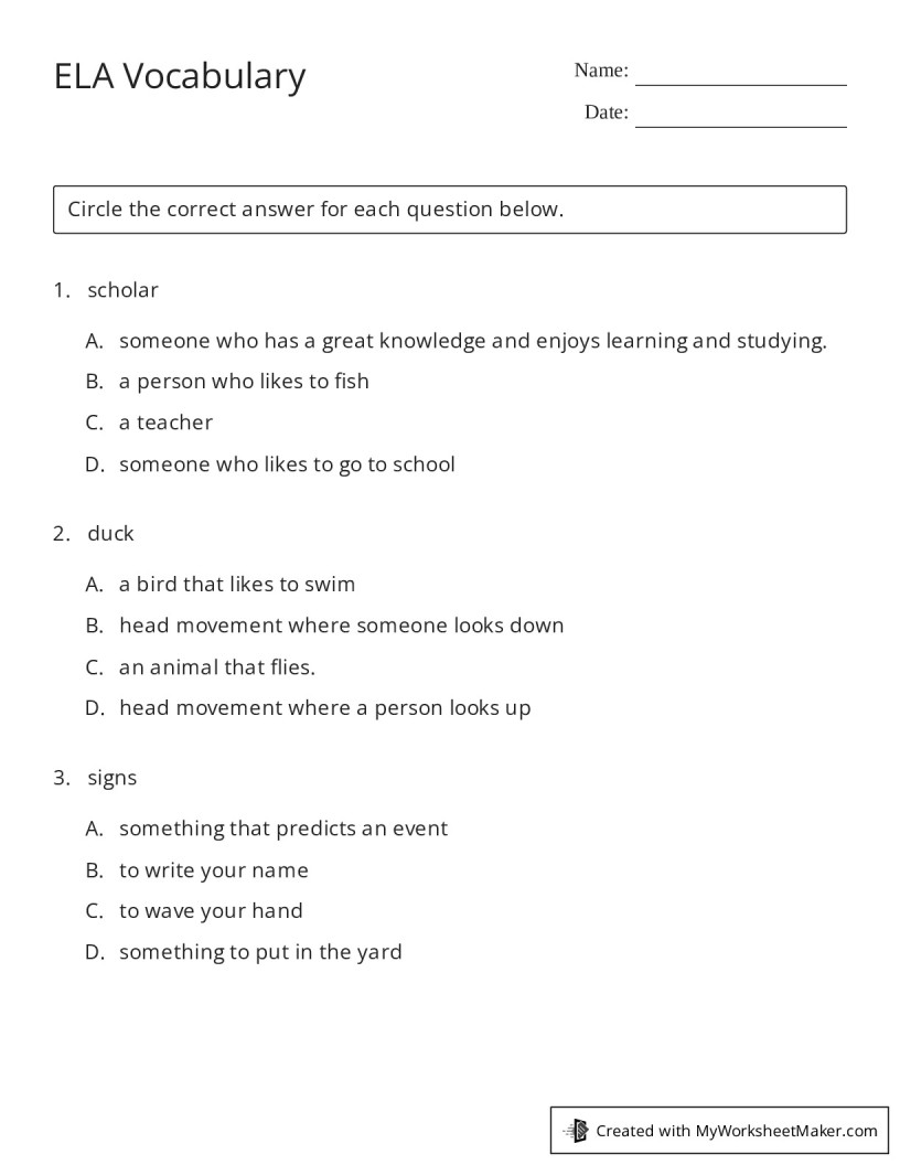 ELA Vocabulary - My Worksheet Maker: Create Your Own Worksheets
