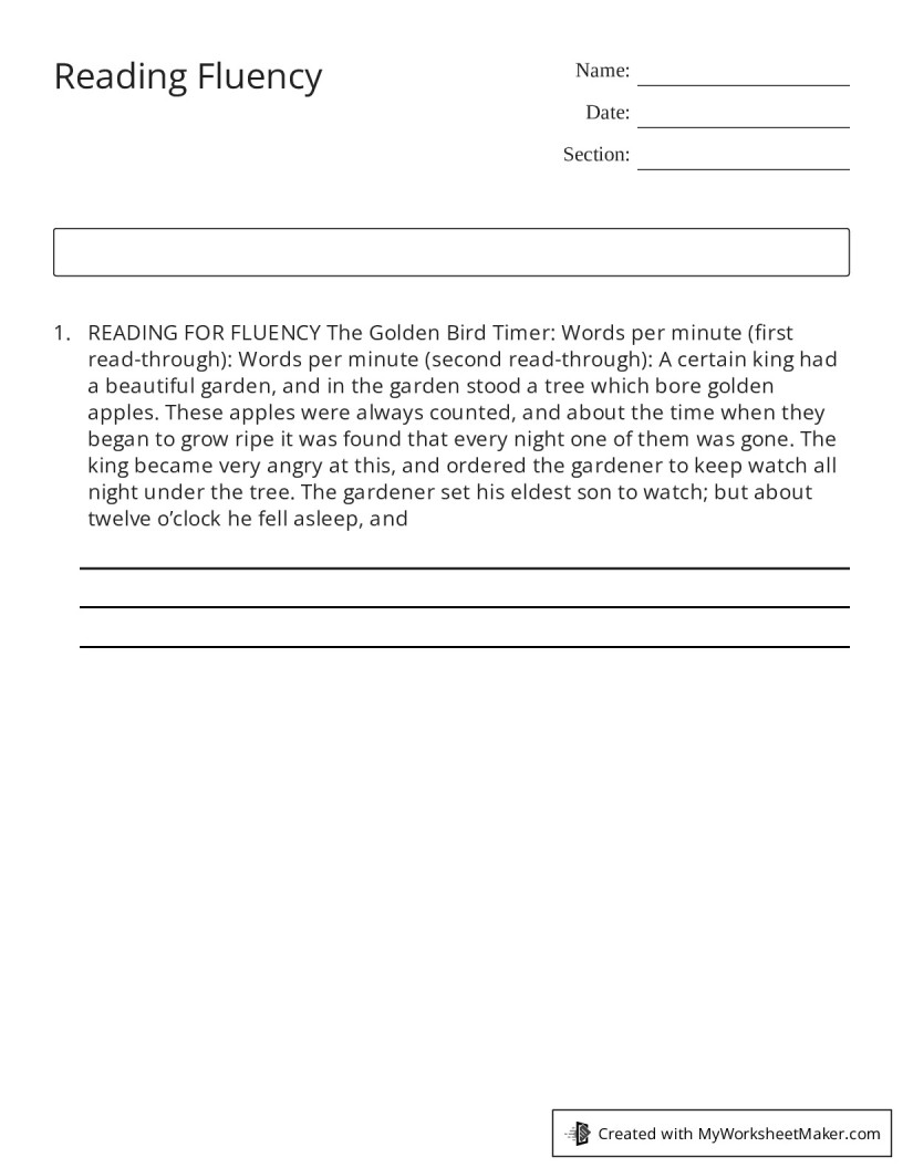 Reading Fluency - My Worksheet Maker: Create Your Own Worksheets