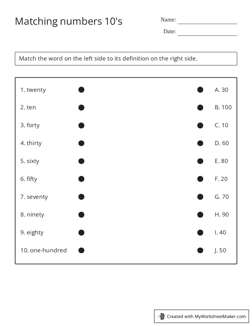 Matching numbers 10's - My Worksheet Maker: Create Your Own Worksheets