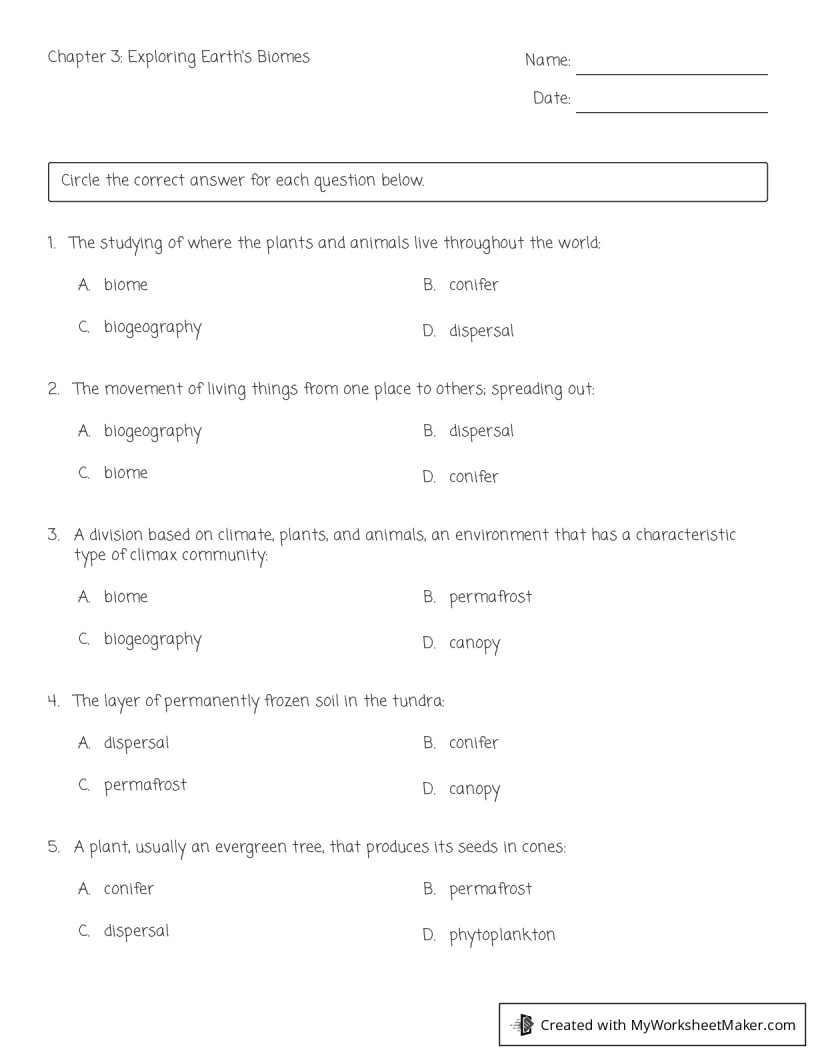 Chapter 3: Exploring Earth's Biomes - My Worksheet Maker: Create Your ...
