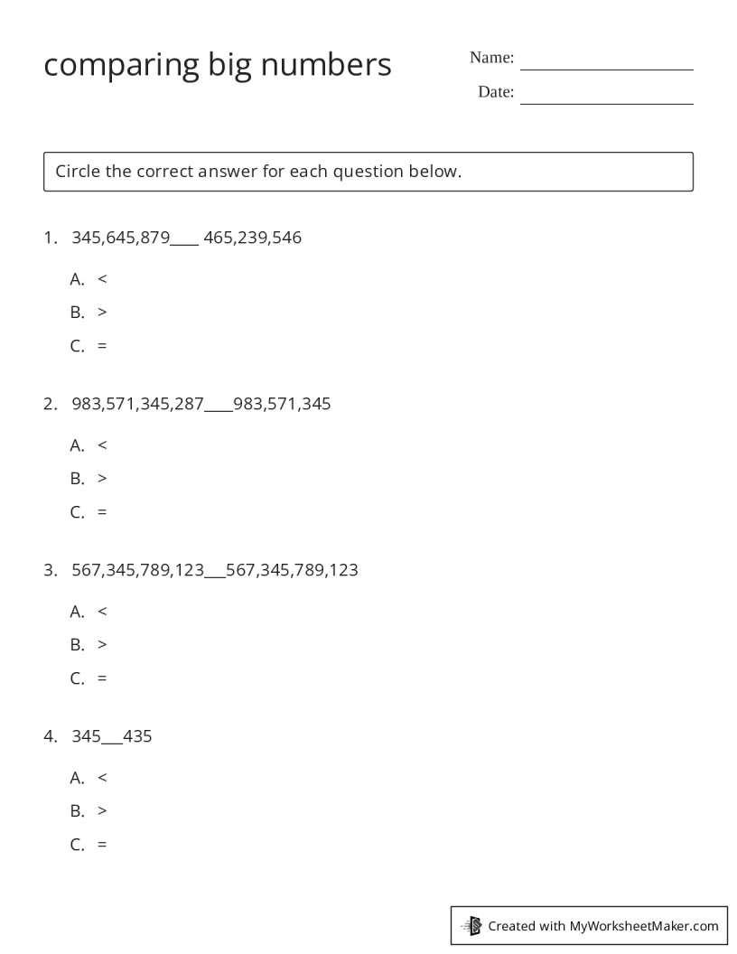 comparing big numbers - My Worksheet Maker: Create Your Own Worksheets