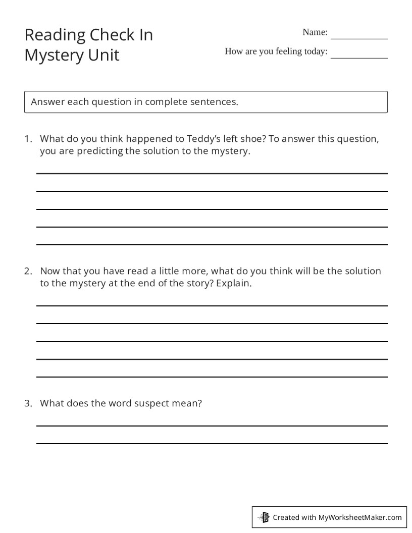 Reading Check In Mystery Unit - My Worksheet Maker: Create Your Own ...