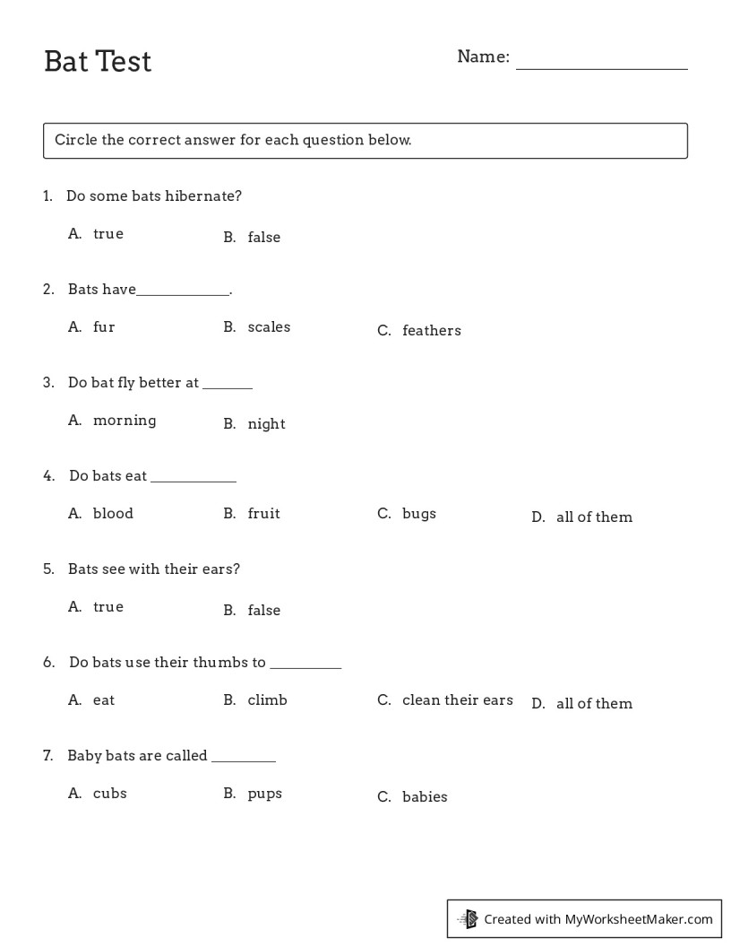 Bat Test - My Worksheet Maker: Create Your Own Worksheets