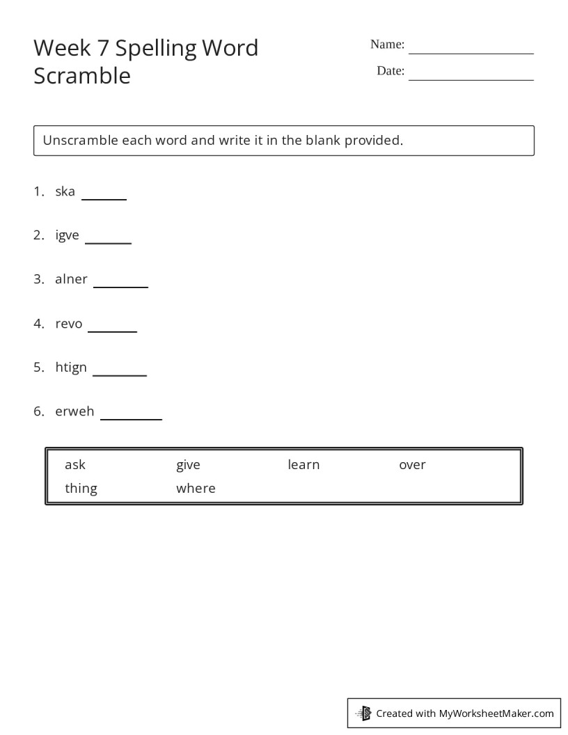 Week 7 Spelling Word Scramble - My Worksheet Maker: Create Your Own ...