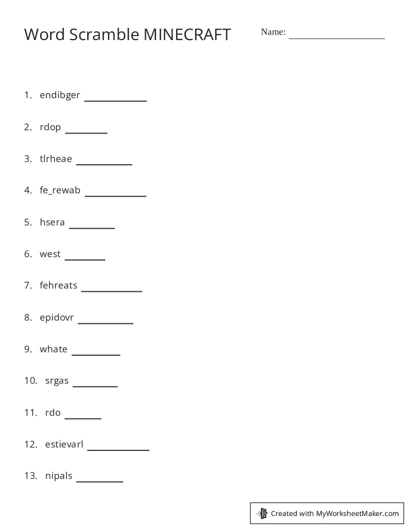 Word Scramble MINECRAFT - My Worksheet Maker: Create Your Own Worksheets