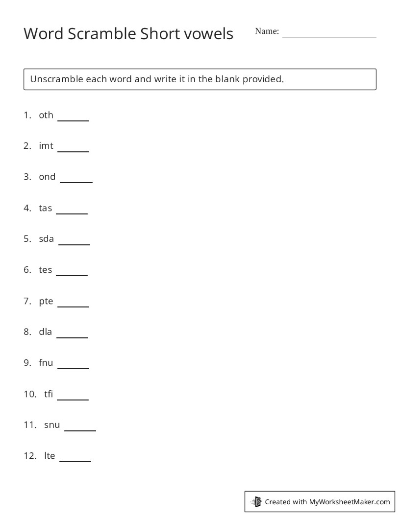 Word Scramble Short vowels - My Worksheet Maker: Create Your Own Worksheets