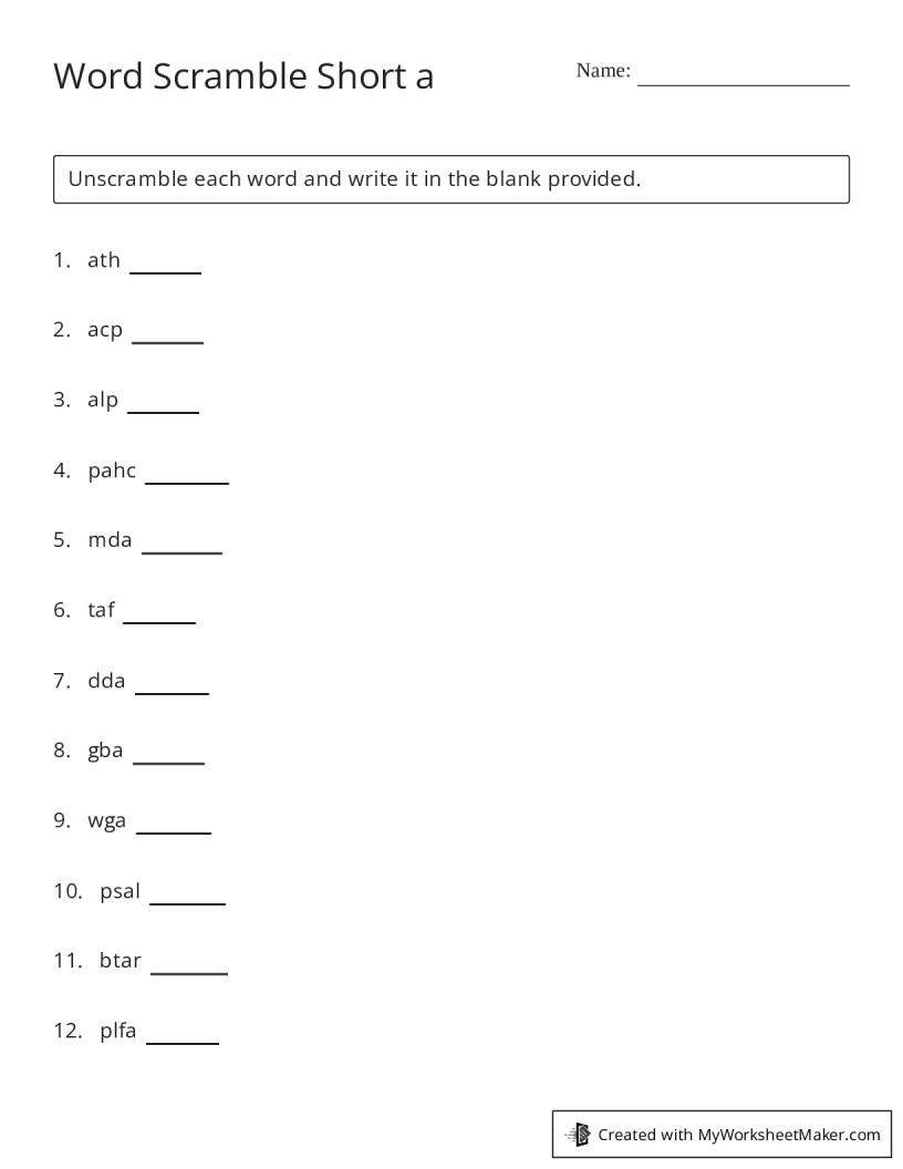 Word Scramble Short a - My Worksheet Maker: Create Your Own Worksheets