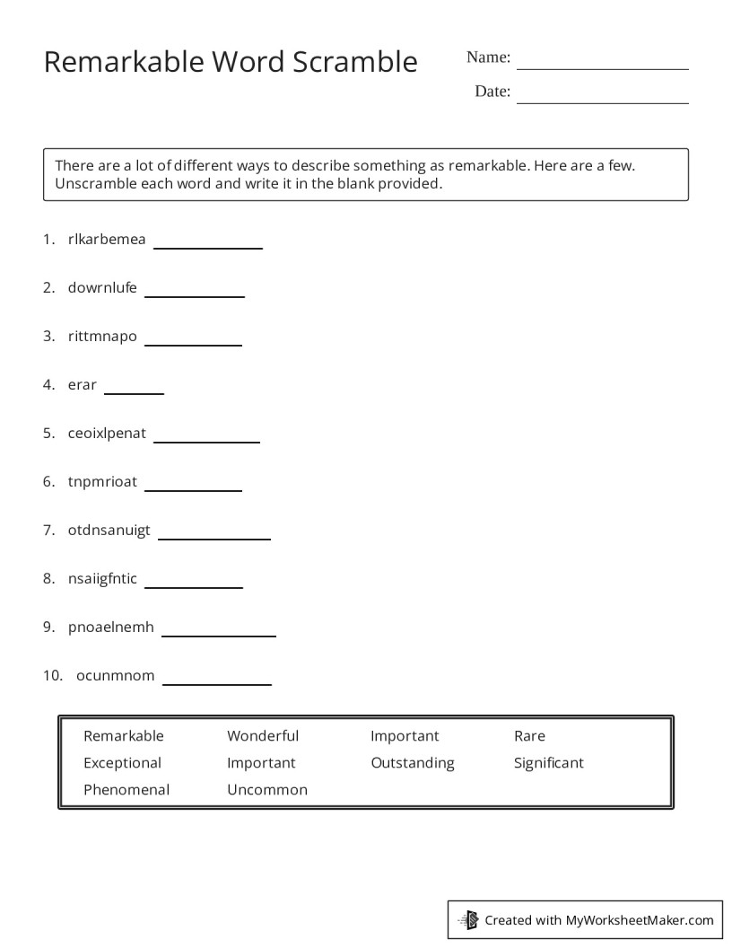 Remarkable Word Scramble - My Worksheet Maker: Create Your Own Worksheets