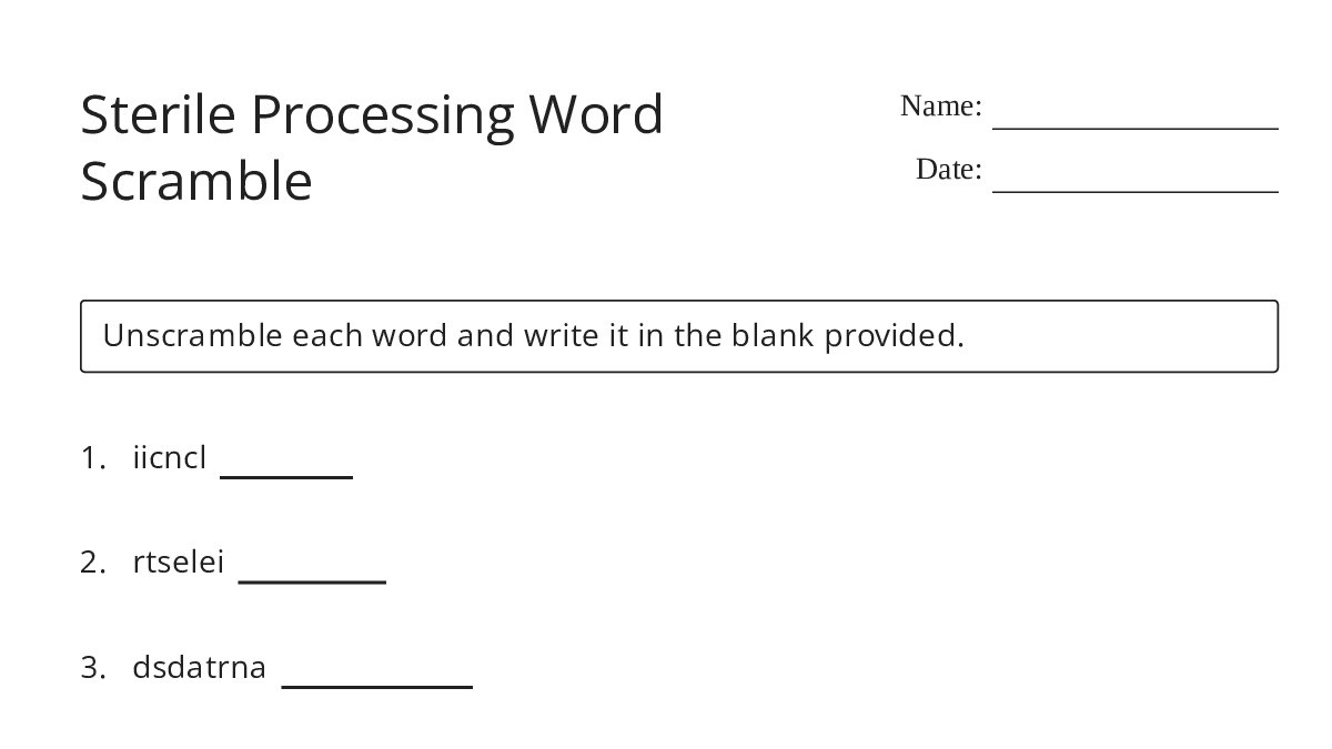 Sterile Processing Word Scramble - My Worksheet Maker: Create Your Own ...