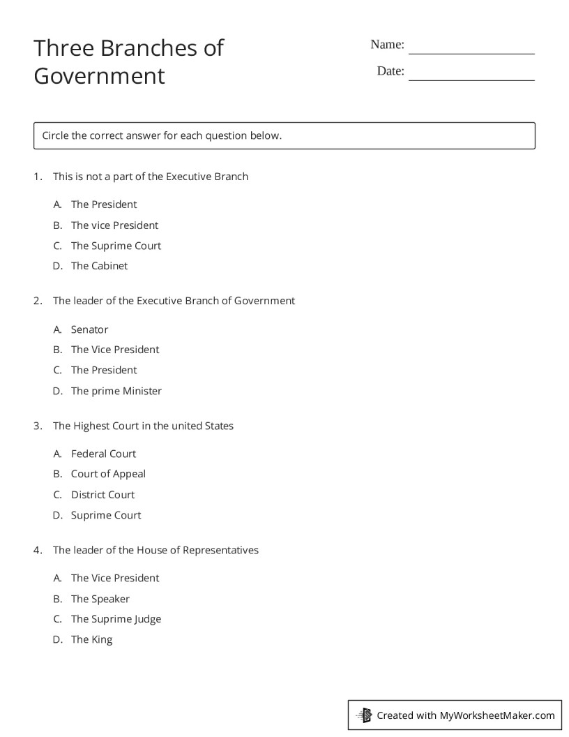 Three Branches of Government - My Worksheet Maker: Create Your Own ...