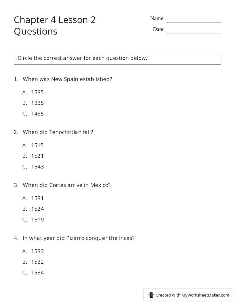 Chapter 4 Lesson 2 Questions - My Worksheet Maker: Create Your Own ...