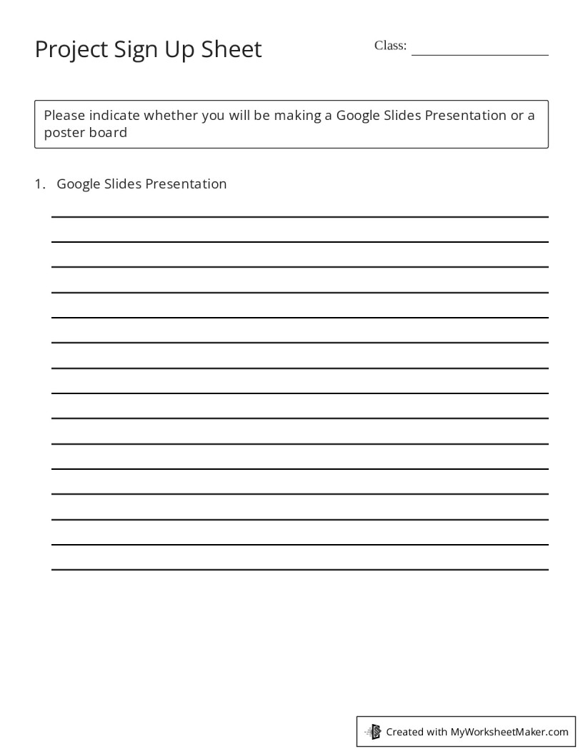 Project Sign Up Sheet - My Worksheet Maker: Create Your Own Worksheets