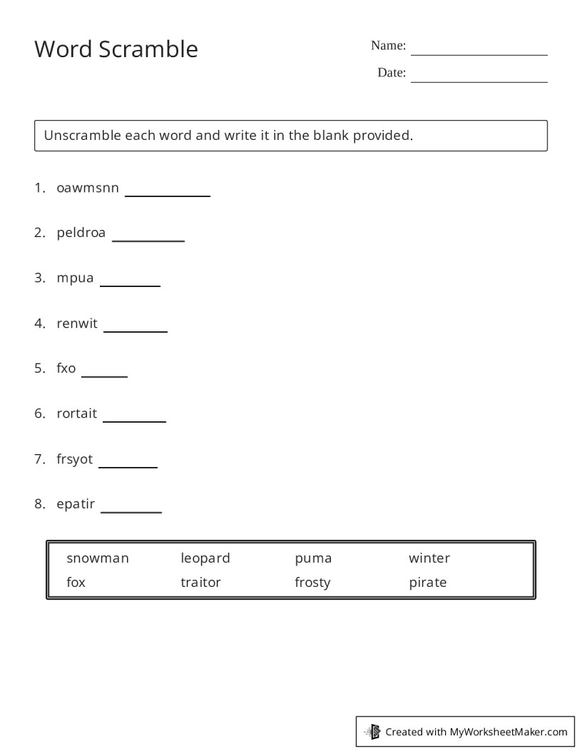 Word Scramble - My Worksheet Maker: Create Your Own Worksheets