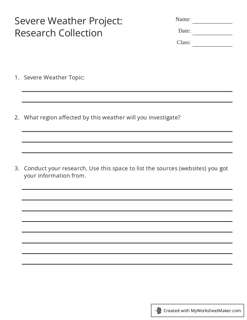 Severe Weather Project: Research Collection - My Worksheet Maker ...