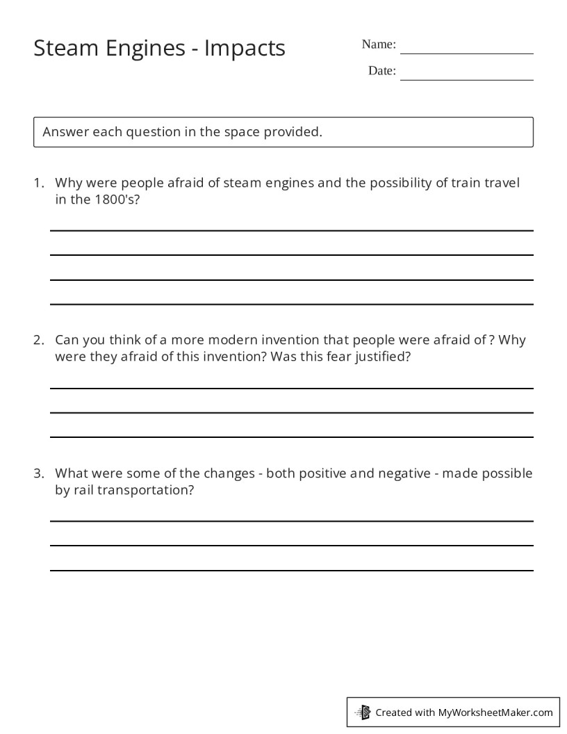 Steam Engines - Impacts - My Worksheet Maker: Create Your Own Worksheets
