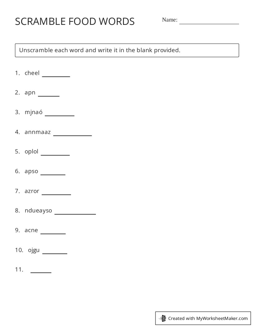 SCRAMBLE FOOD WORDS My Worksheet Maker Create Your Own Worksheets