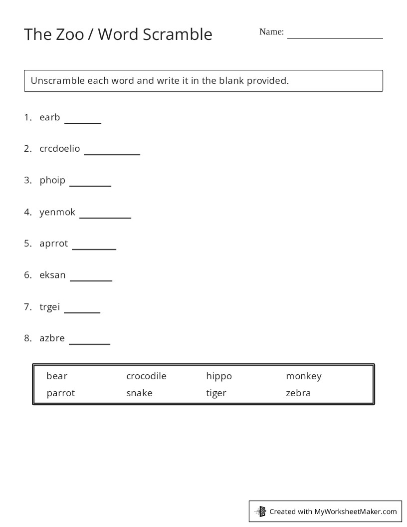 The Zoo / Word Scramble - My Worksheet Maker: Create Your Own Worksheets