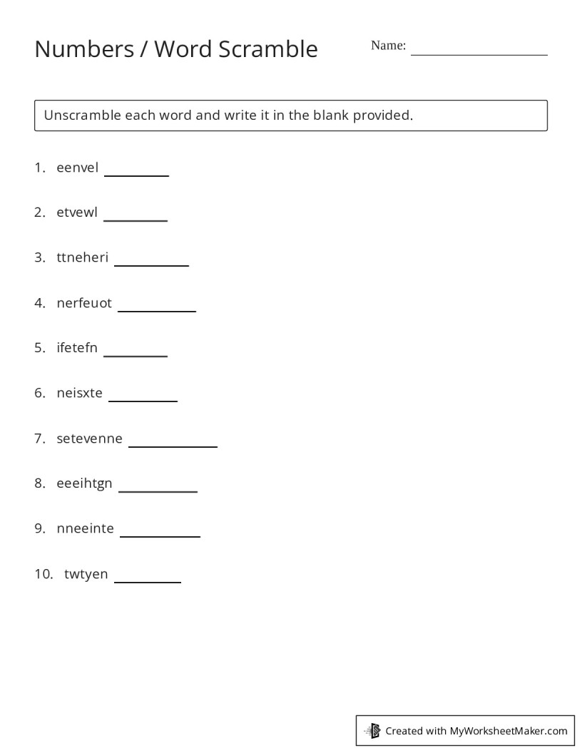 Numbers / Word Scramble - My Worksheet Maker: Create Your Own Worksheets