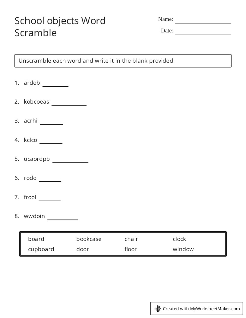 School objects Word Scramble - My Worksheet Maker: Create Your Own ...