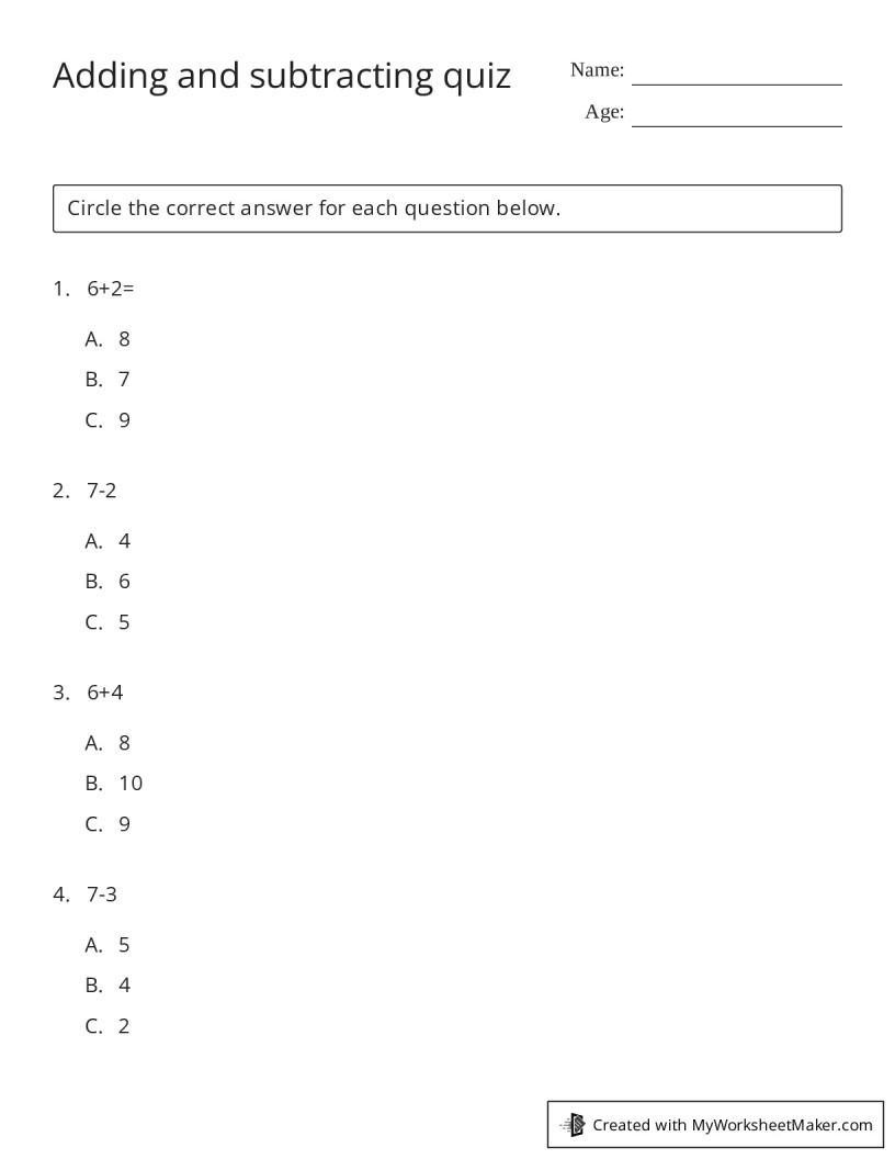 Adding and subtracting quiz - My Worksheet Maker: Create Your Own ...
