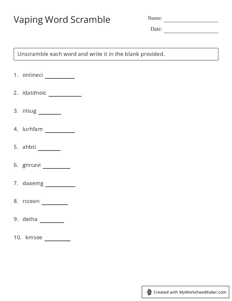 Vaping Word Scramble - My Worksheet Maker: Create Your Own Worksheets