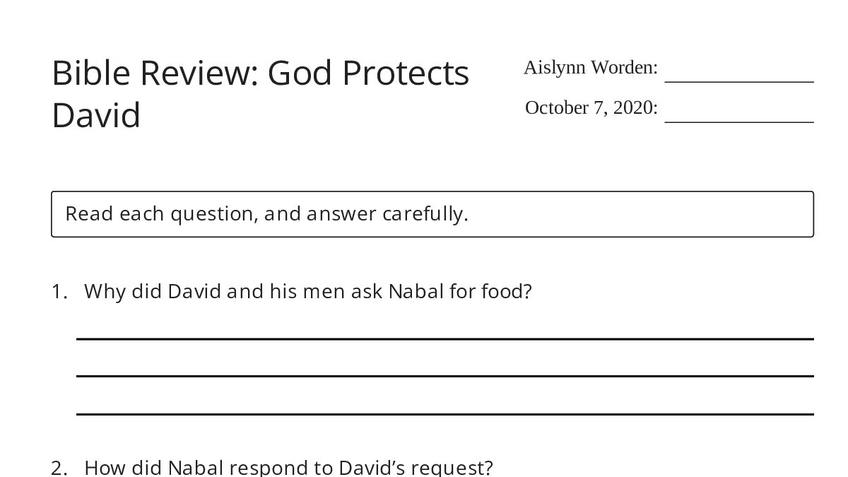 Bible Review: God Protects David - My Worksheet Maker: Create Your Own ...