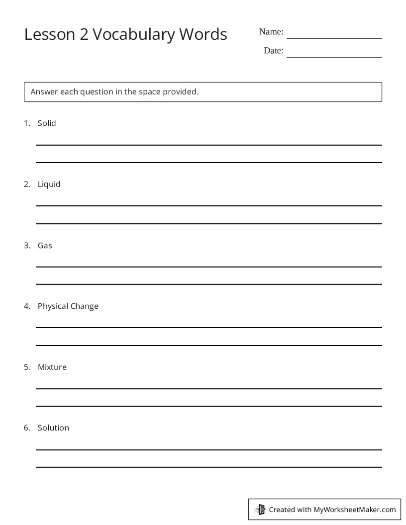 Lesson 2 Vocabulary Words - My Worksheet Maker: Create Your Own Worksheets