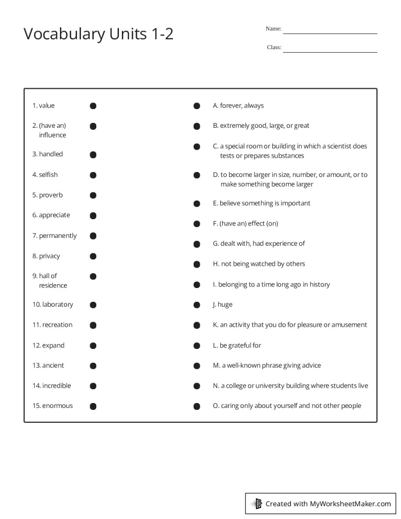 Vocabulary Units 1-2 - My Worksheet Maker: Create Your Own Worksheets