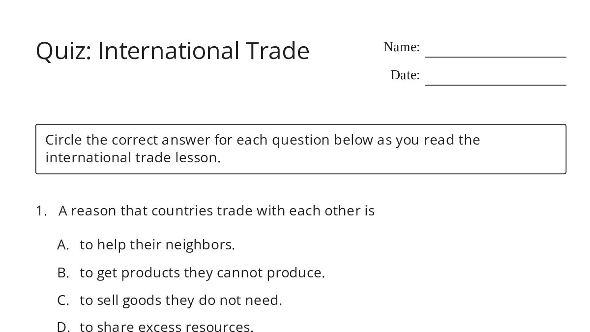Quiz: International Trade - My Worksheet Maker: Create Your Own Worksheets
