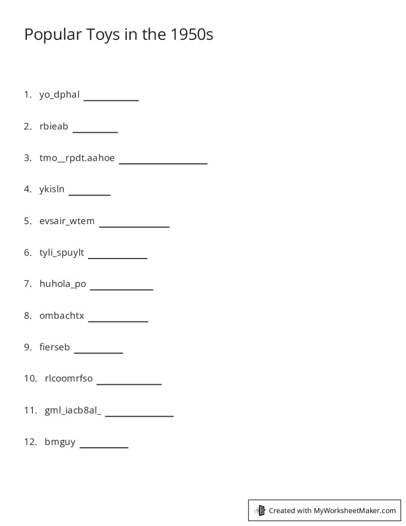 Popular Toys in the 1950s - My Worksheet Maker: Create Your Own Worksheets