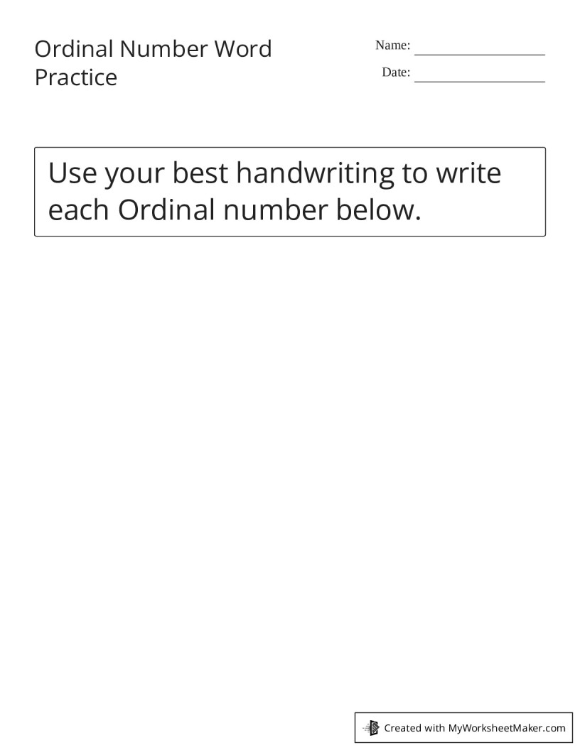 Ordinal Number Word Practice - My Worksheet Maker: Create Your Own ...
