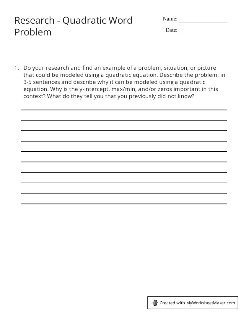 Quadratic Equations Word Problems Worksheet Quadratic Formula Lesson