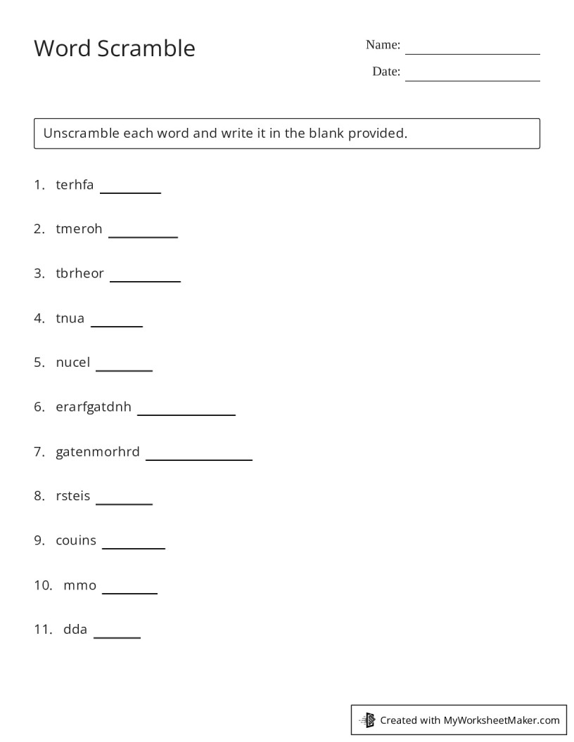 Word Scramble - My Worksheet Maker: Create Your Own Worksheets
