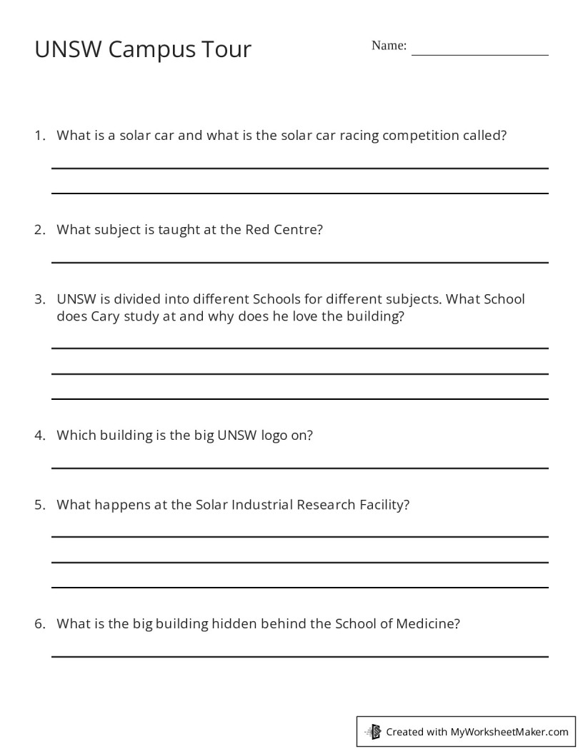 UNSW Campus Tour - My Worksheet Maker: Create Your Own Worksheets
