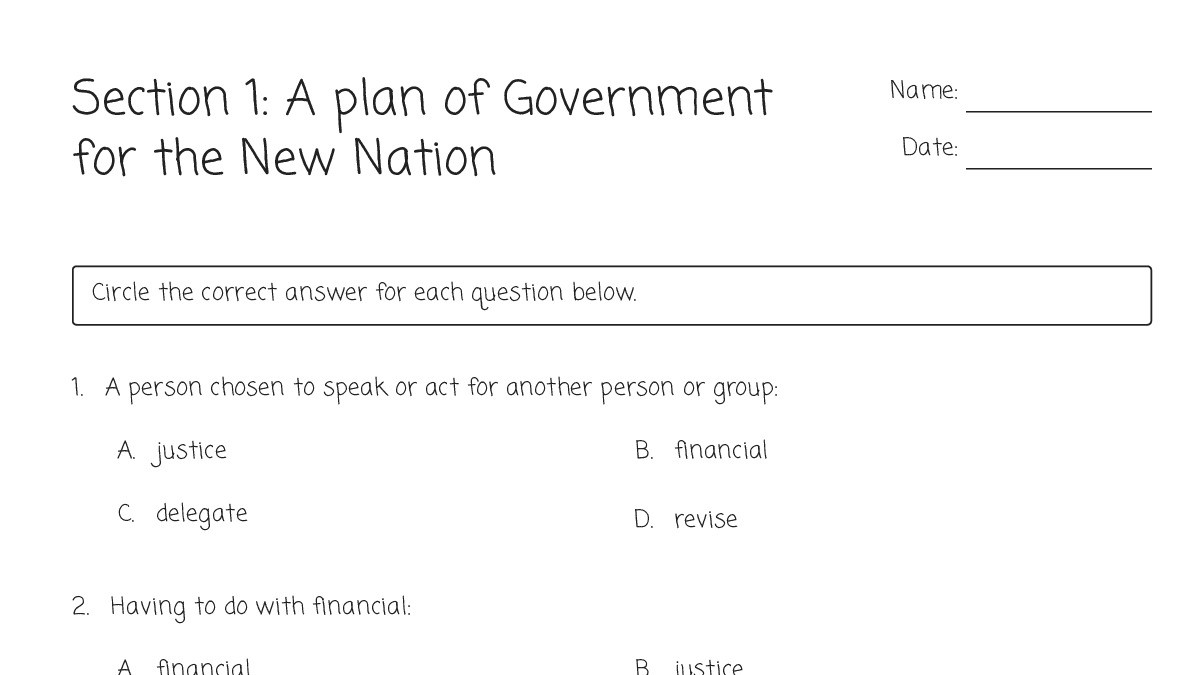 Section 1: A plan of Government for the New Nation - My Worksheet Maker ...