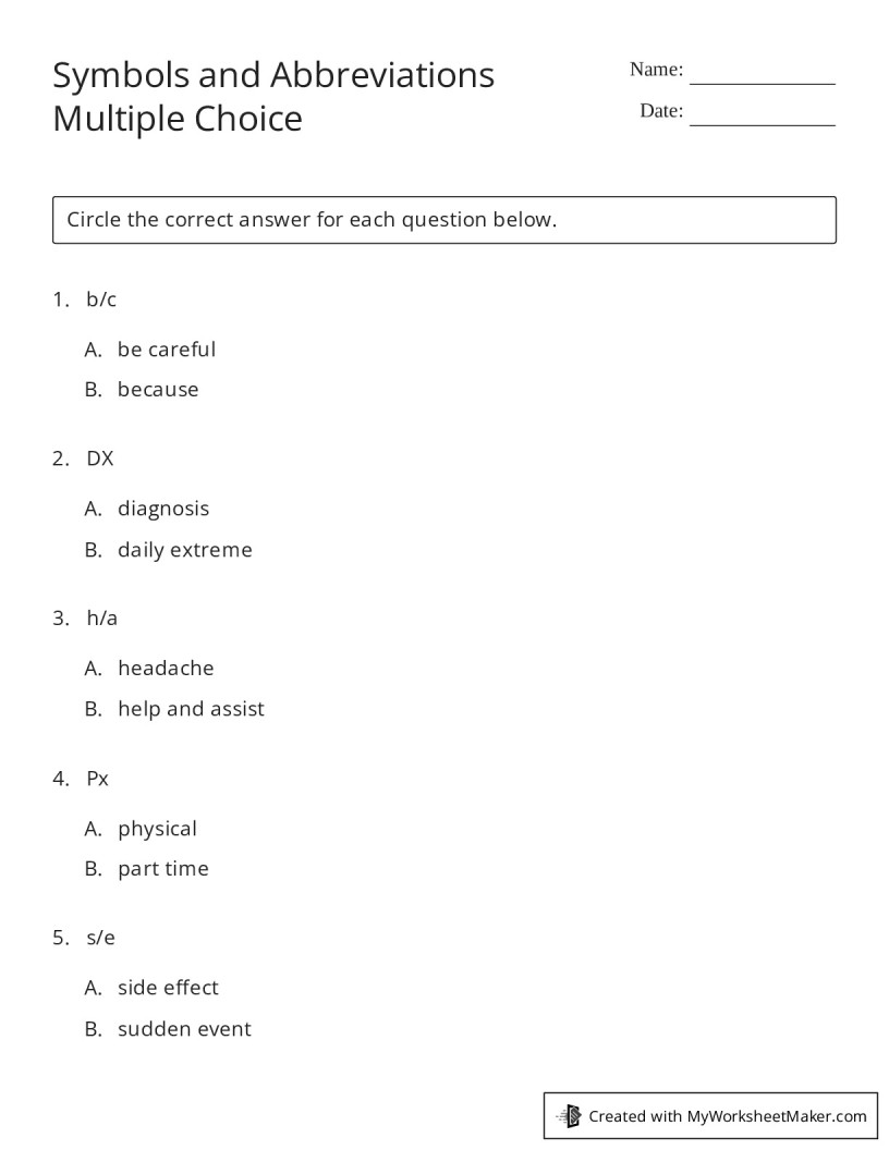 Symbols and Abbreviations Multiple Choice - My Worksheet Maker: Create ...