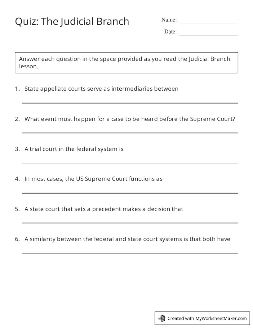 Quiz: The Judicial Branch - My Worksheet Maker: Create Your Own Worksheets