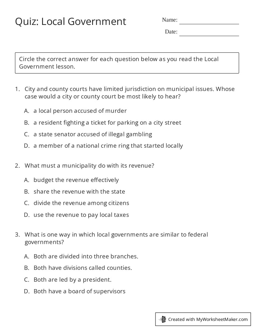 Quiz: Local Government - My Worksheet Maker: Create Your Own Worksheets