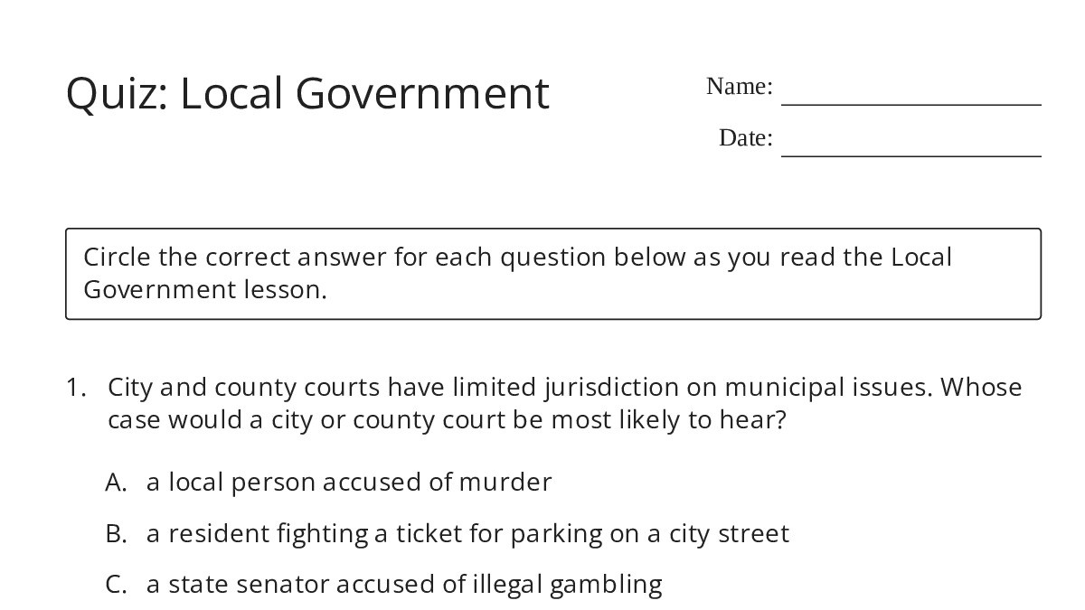 Quiz: Local Government - My Worksheet Maker: Create Your Own Worksheets