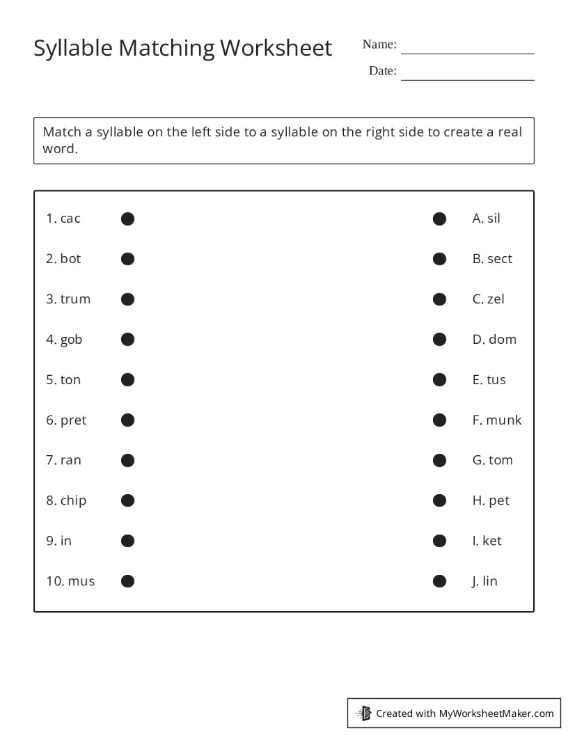 Syllable Matching Worksheet - My Worksheet Maker: Create Your Own ...