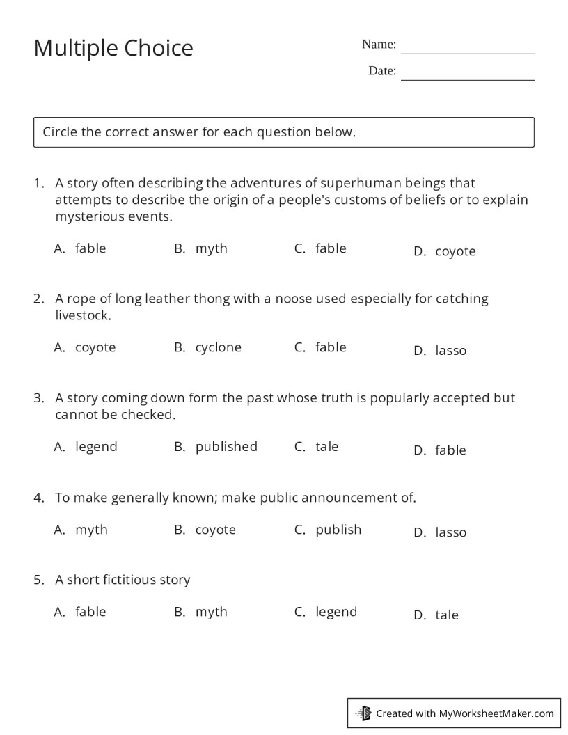 Multiple Choice - My Worksheet Maker: Create Your Own Worksheets