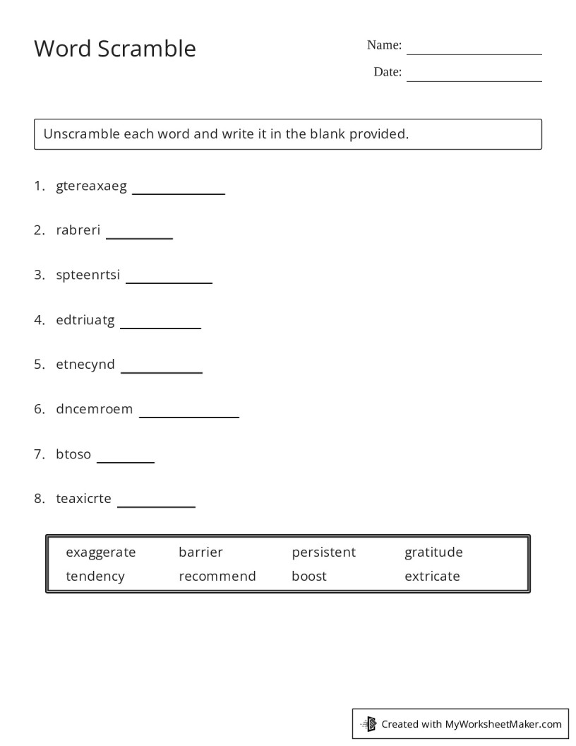 Word Scramble - My Worksheet Maker: Create Your Own Worksheets